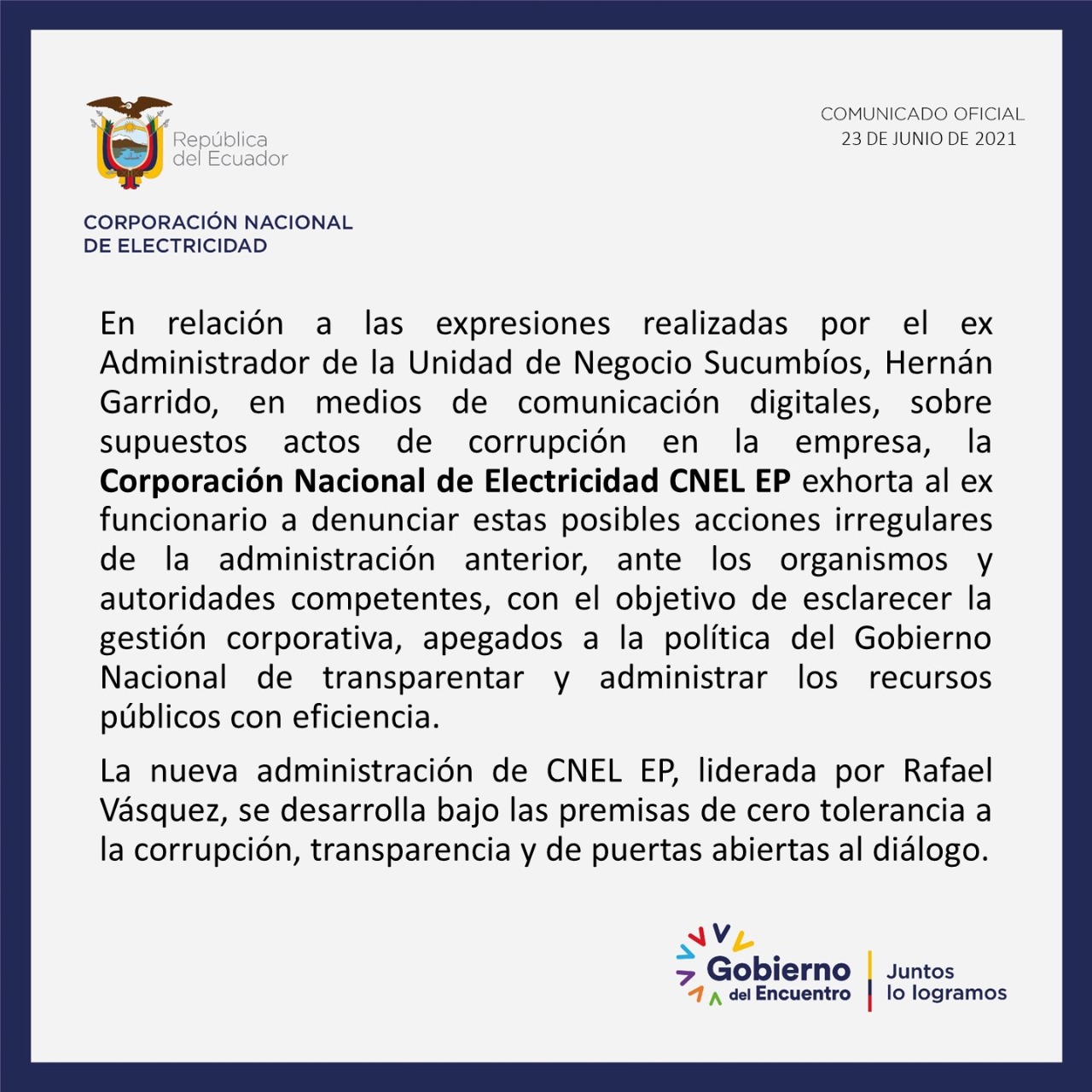 CNEL EP: Comunicado Oficial - CNEL EP